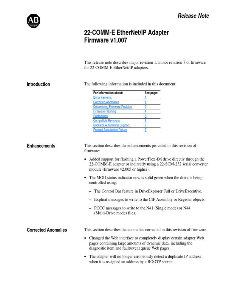 PowerFlex 22-Comm-E FRN1.007 Release Note (22come-Rn001A-En-p - June, 2007) | PDF | Computer ...