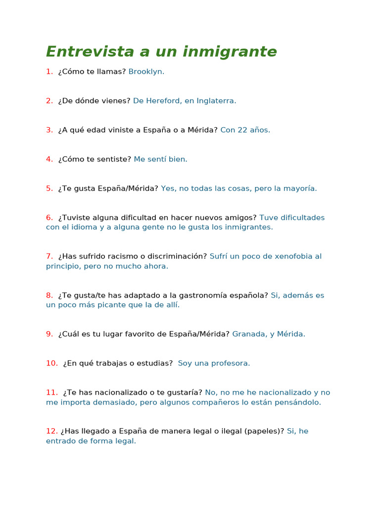 Entrevista A Inmigrante | PDF
