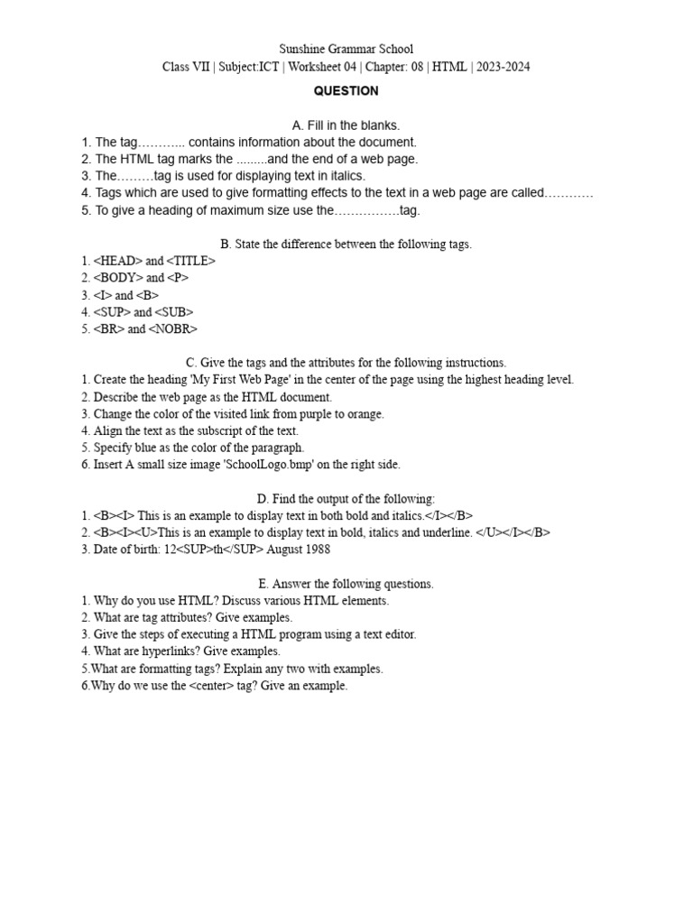 VIII ICT Worksheet 4 Chapter 08 42C | PDF | Html Element | Html