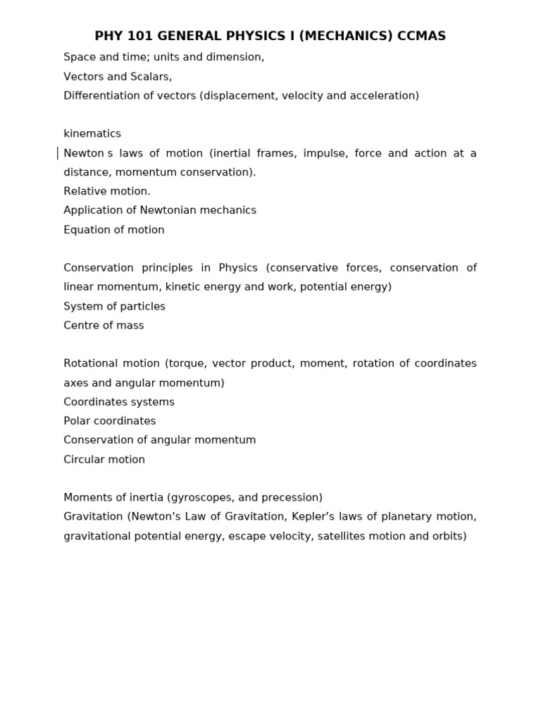 PHY 101 Mechanics Course Outline | PDF