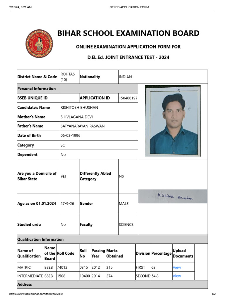 Deled Application Form Rishitosh | PDF