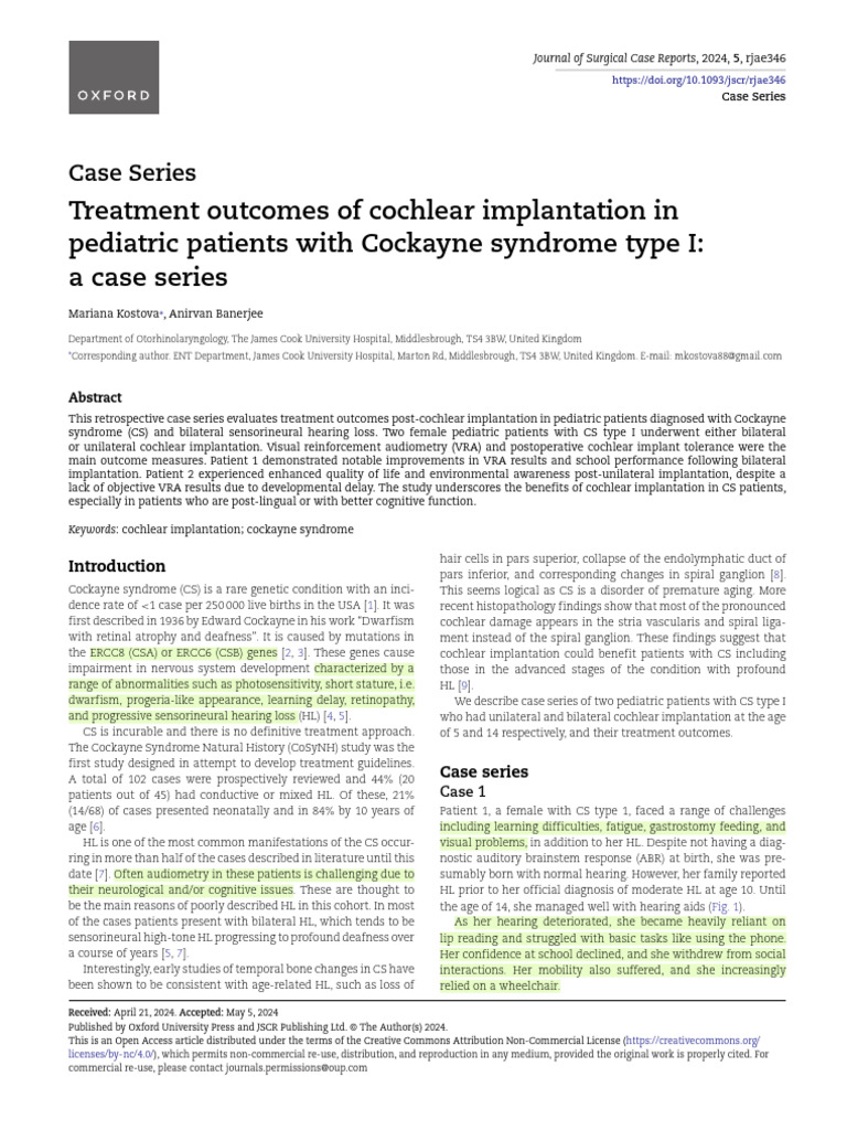 Treatment Outcomes of Cochlear Implantation in Pediatric Patients With ...