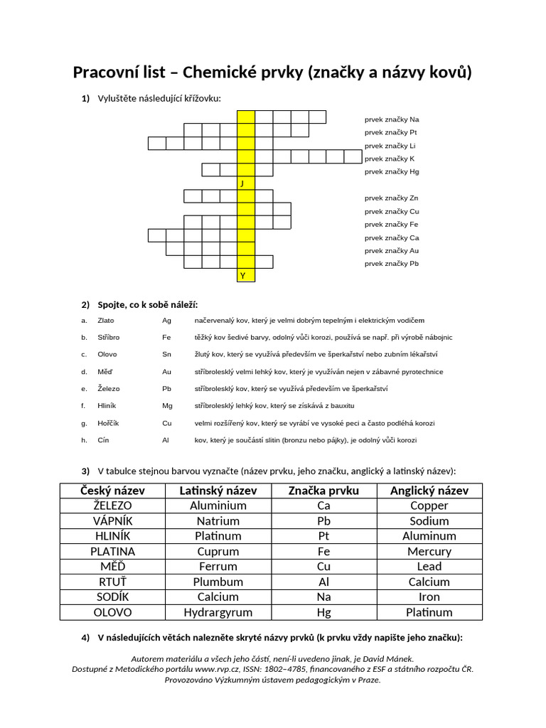 Pracovní List Prvky, Kovy | PDF
