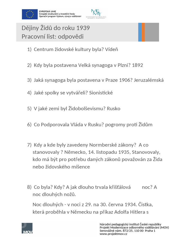 Pracovni List Odpovedi Holocaust A Ja | PDF