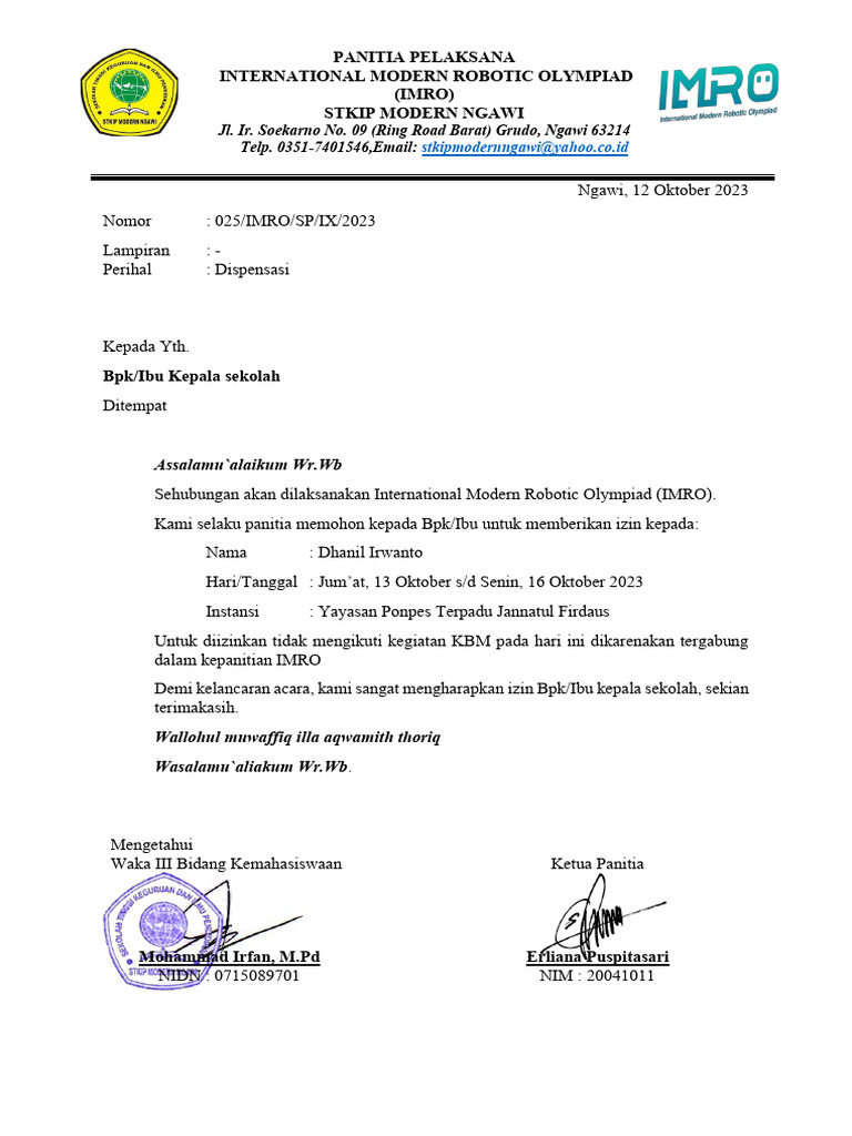 Surat Dispensasi Panitia 12 Okt | PDF