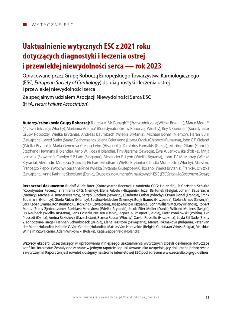 Wytyczne ESC. Leczenie Niewydolności Serca | PDF