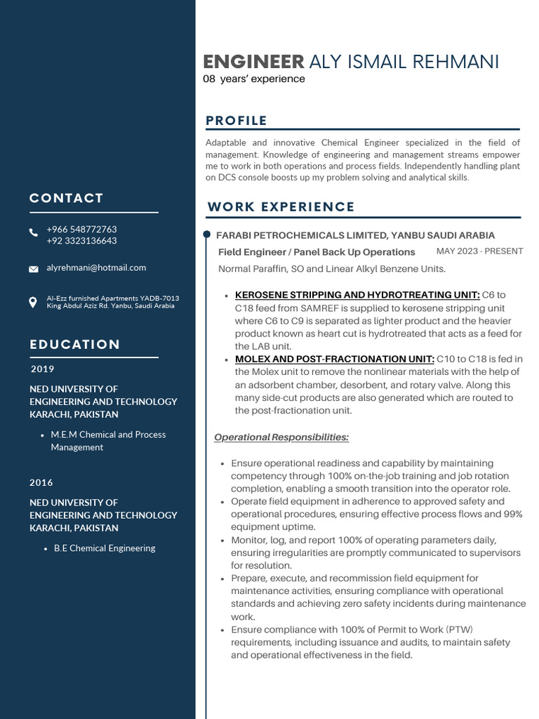 Aly Ismail Resume - Production | PDF | Chemistry | Fuels