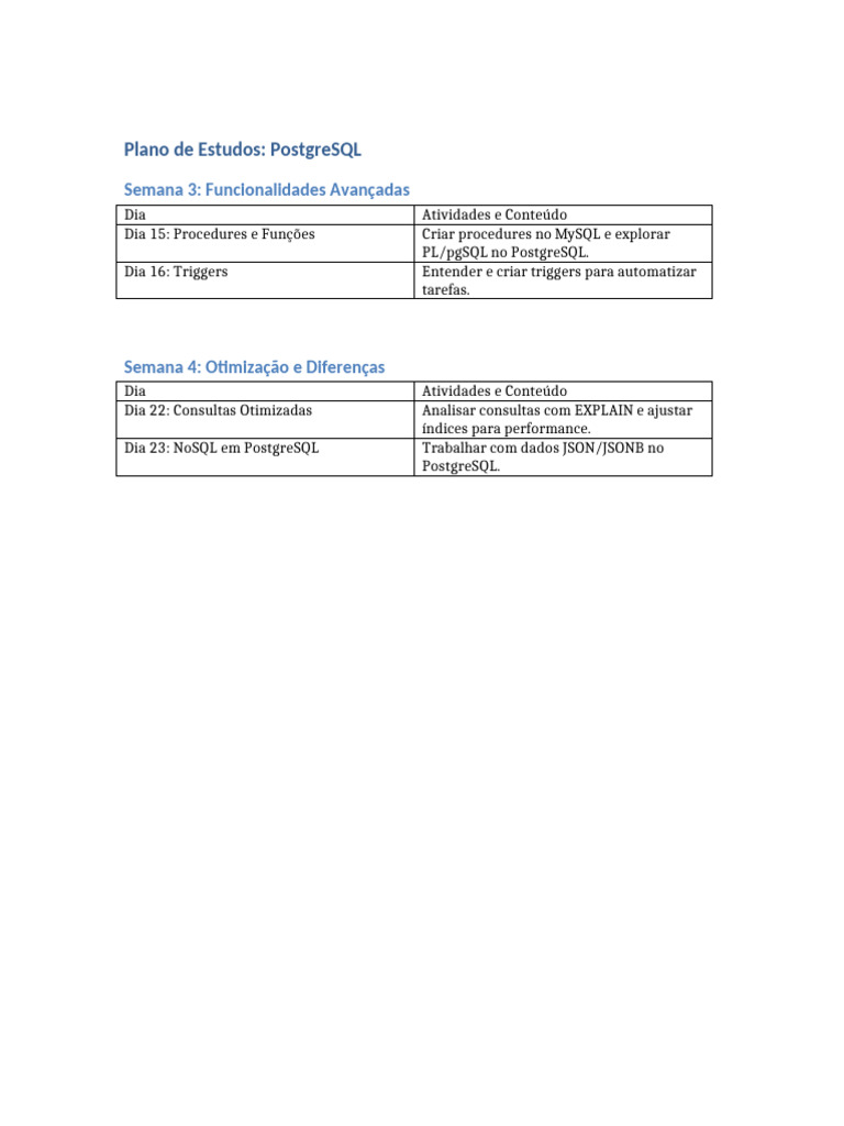 Plano Estudo Postgresql Formatado | PDF