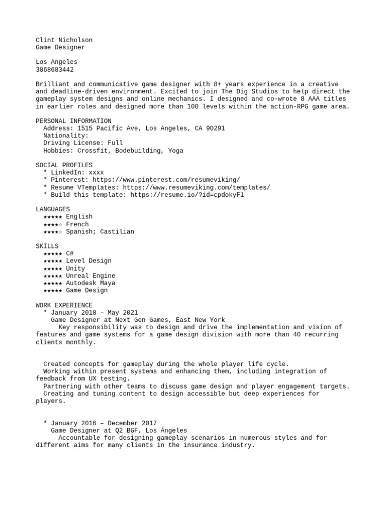 Experienced Game Designer Resume | PDF