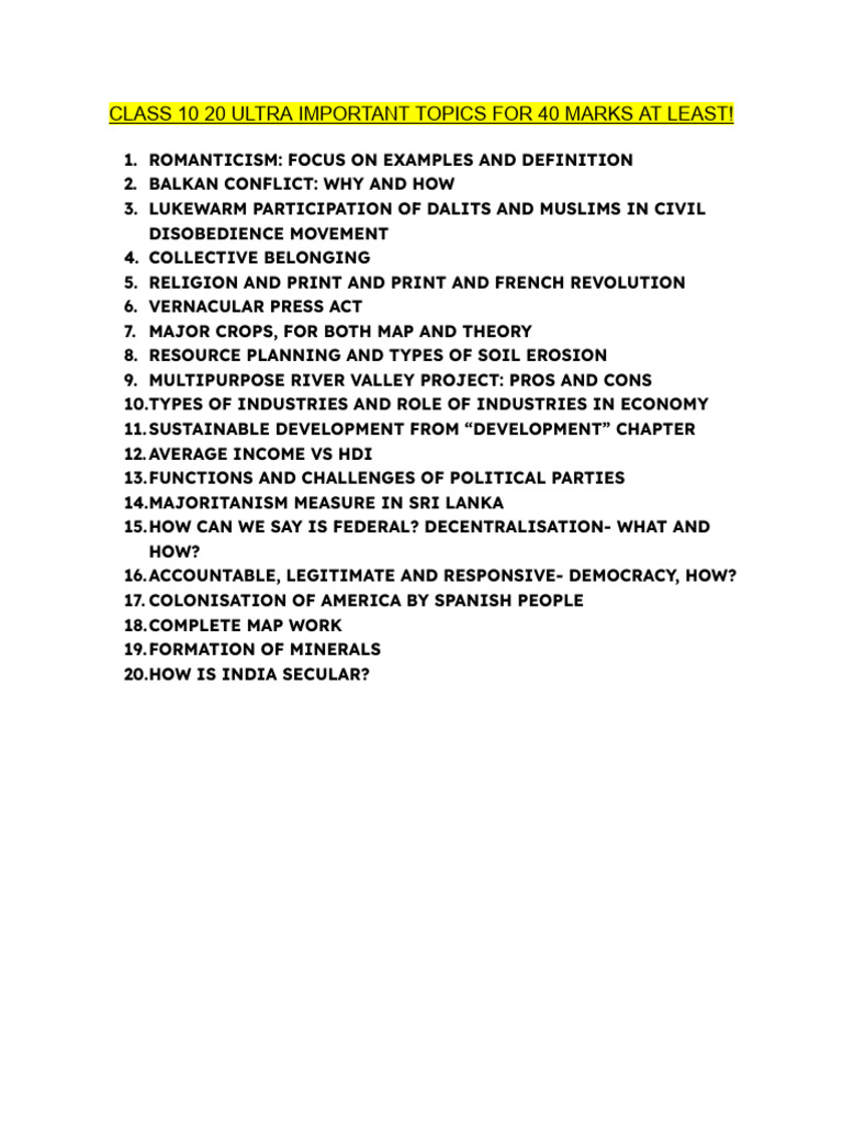 Class 10 20 Ultra Important Topics For 40 Marks at Least | PDF