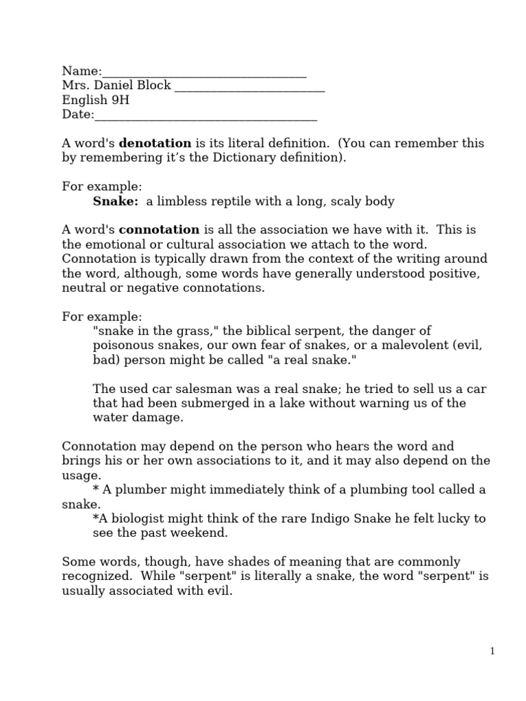 Denotation Connotation Worksheet | PDF | Snake