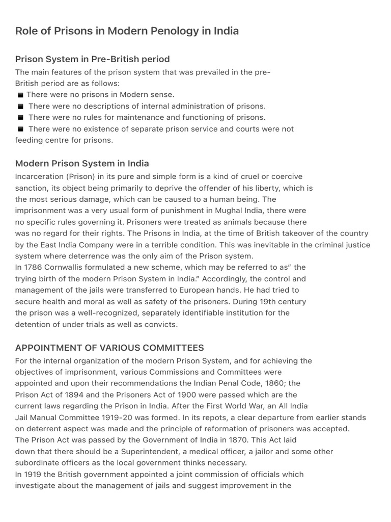 Prisons and Modern Penology in India | PDF | Prison | Prisoner
