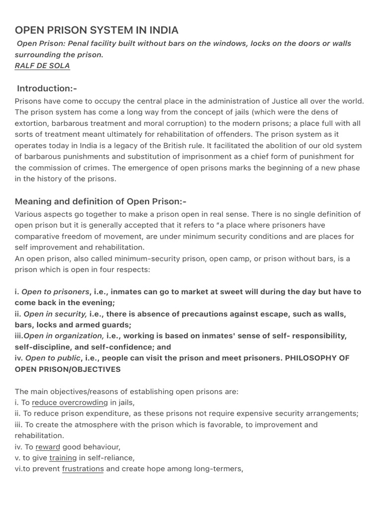 Open Prison System in India | PDF | Prison | Rehabilitation (Penology)
