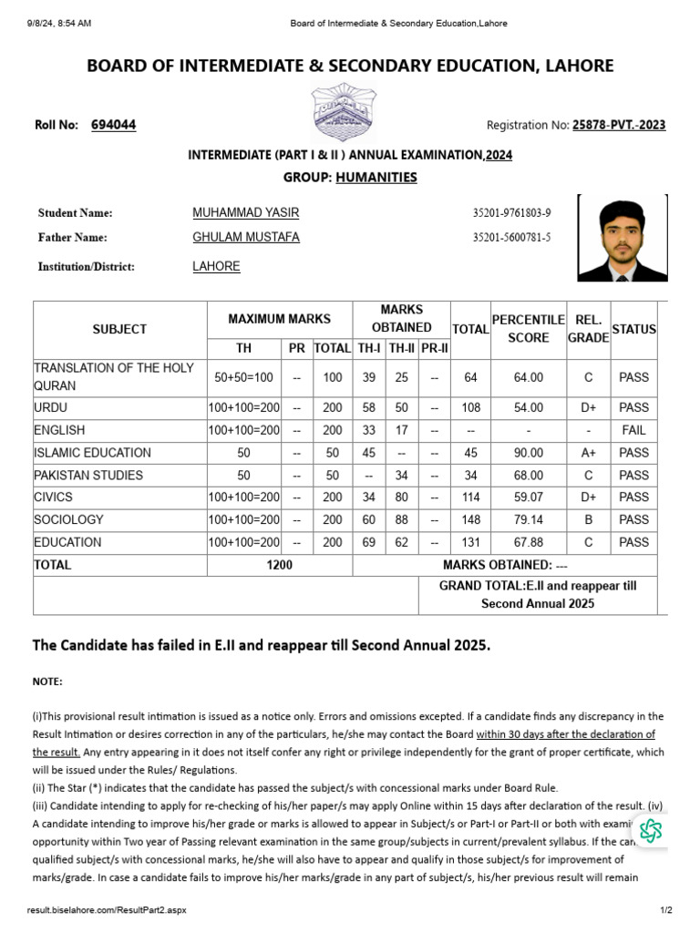 Board of Intermediate & Secondary Education, Lahore | PDF