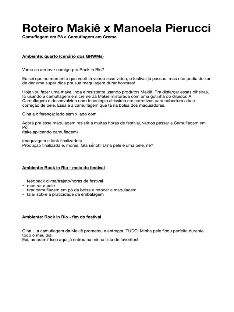 Roteiro Makiê X Manoela Pierucci | PDF