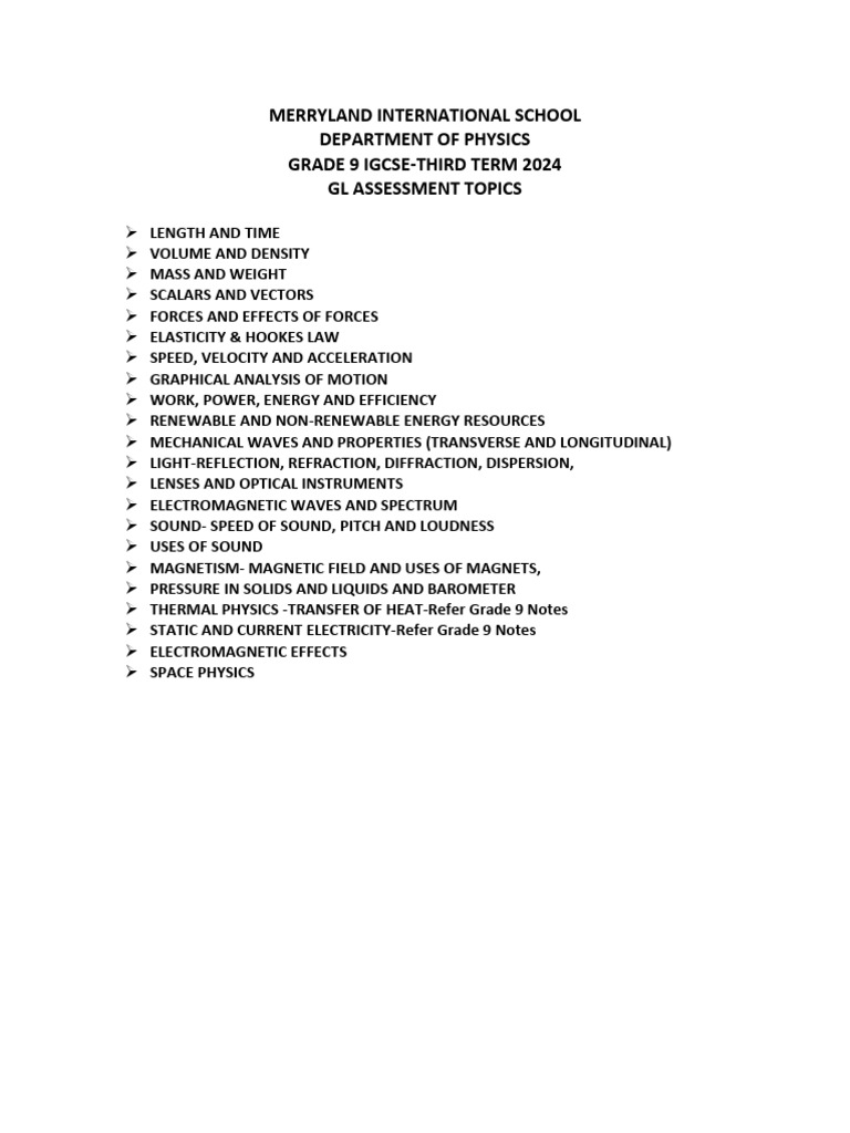 Grade 9 Physics GL Assessment TOPICS 2024 | PDF