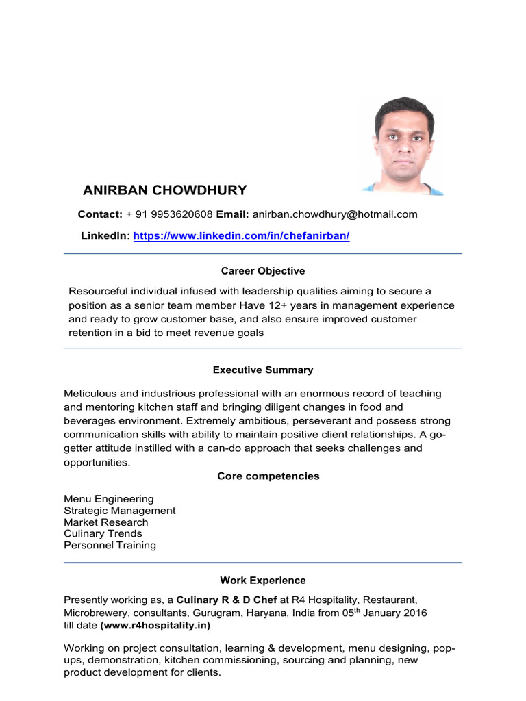 Resume Anirban August 2024 PDF | PDF | Chef | Cooking
