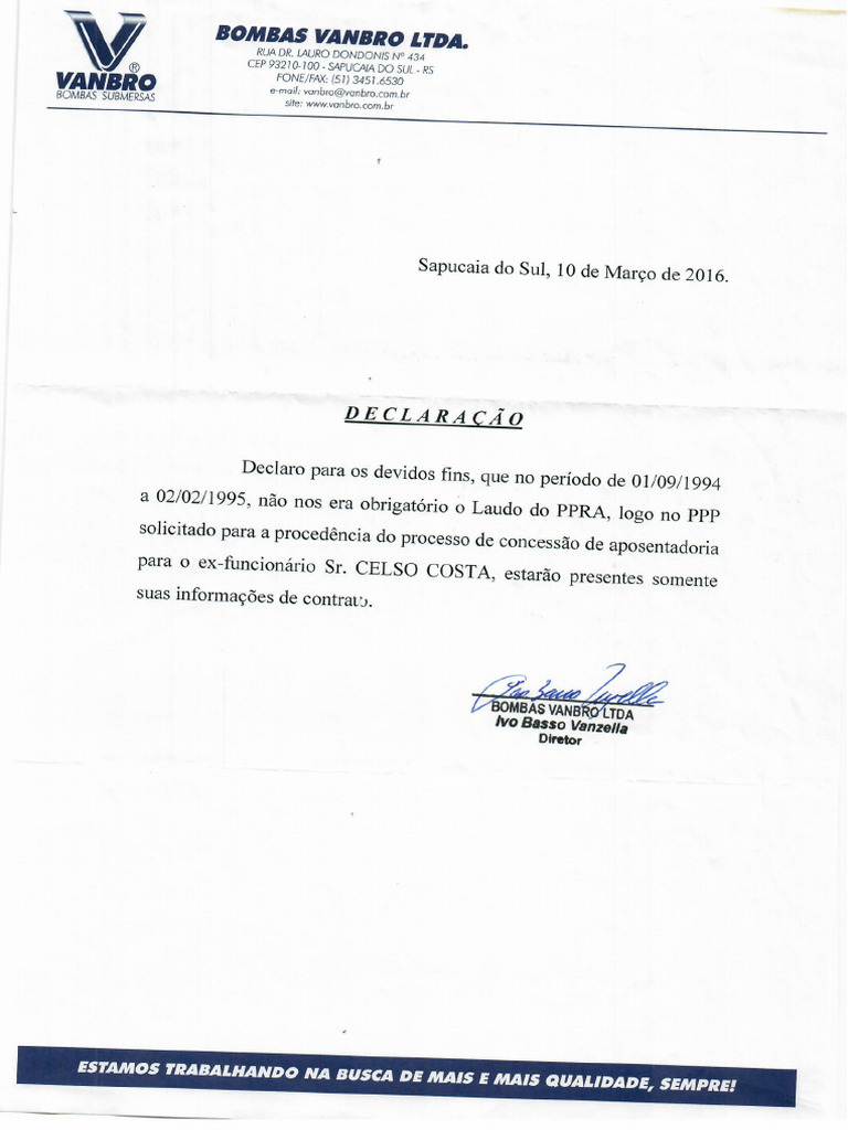 Laudo Bombas Vanbro | PDF