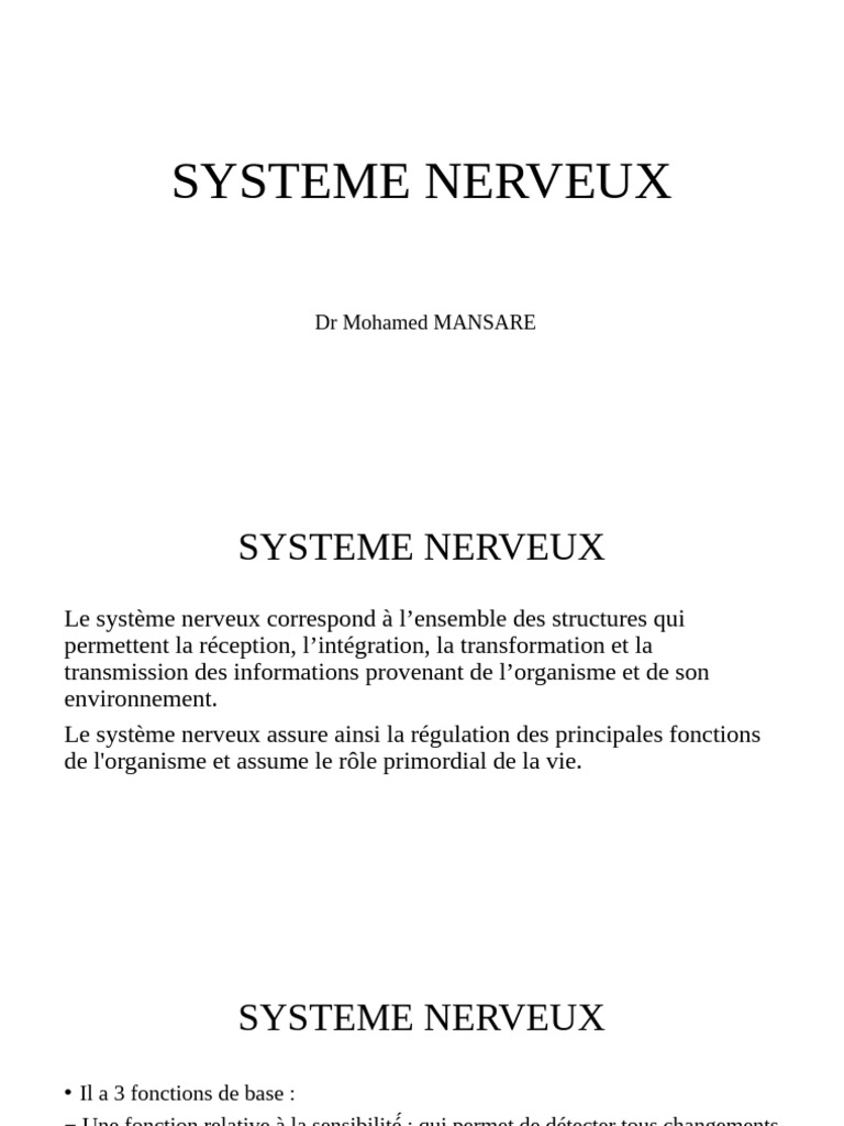 Fonctionnement du Système Nerveux | PDF | Nerf | Système nerveux central