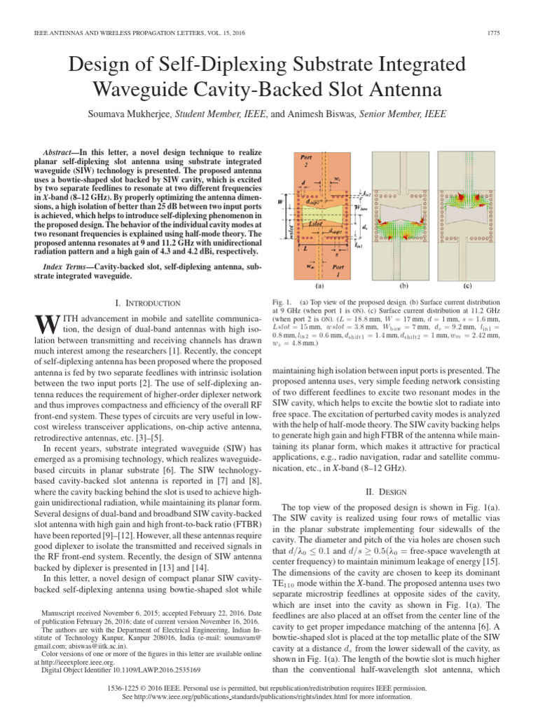 Design of Self-Diplexing Substrate Integrated Waveguide Cavity-Backed ...