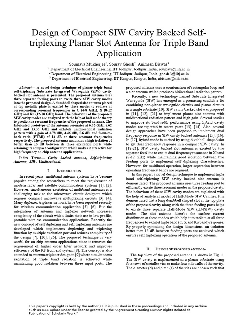 Design of Compact SIW Cavity Backed Self-Triplexing Planar Slot Antenna ...