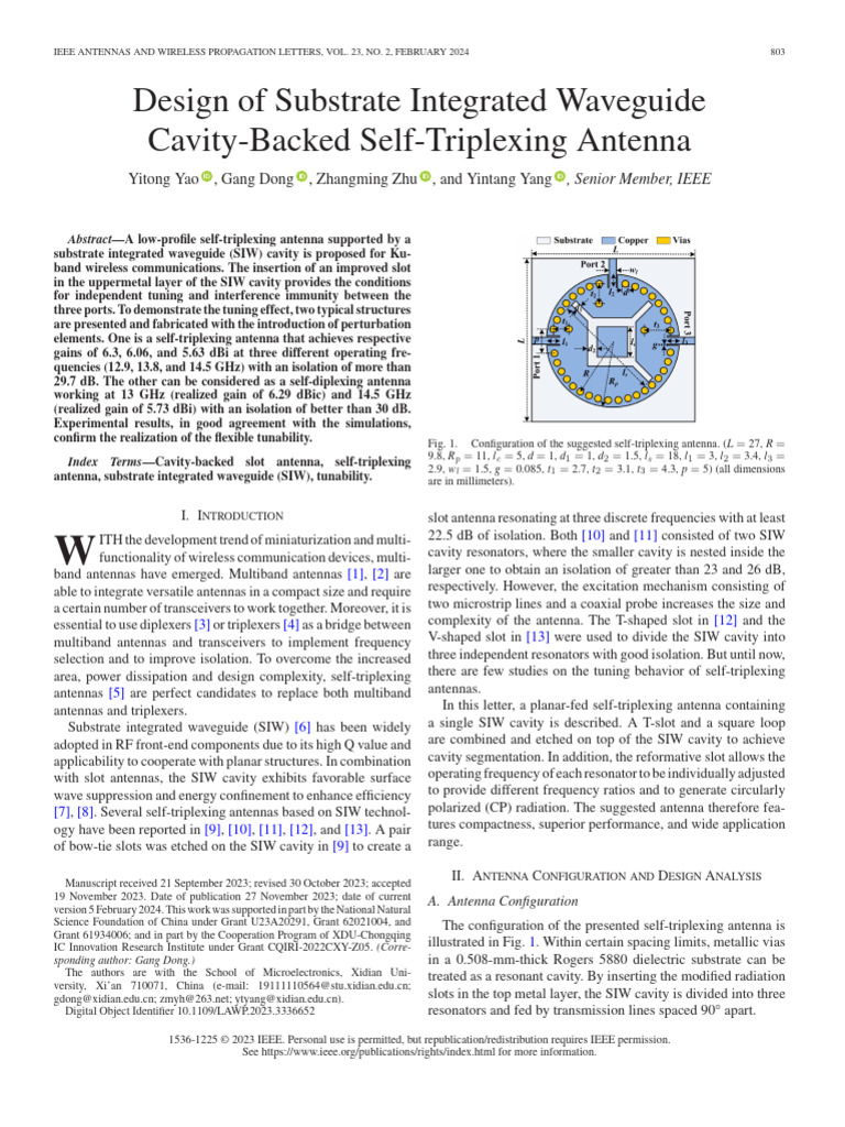 Design of Substrate Integrated Waveguide Cavity-Backed Self-Triplexing ...