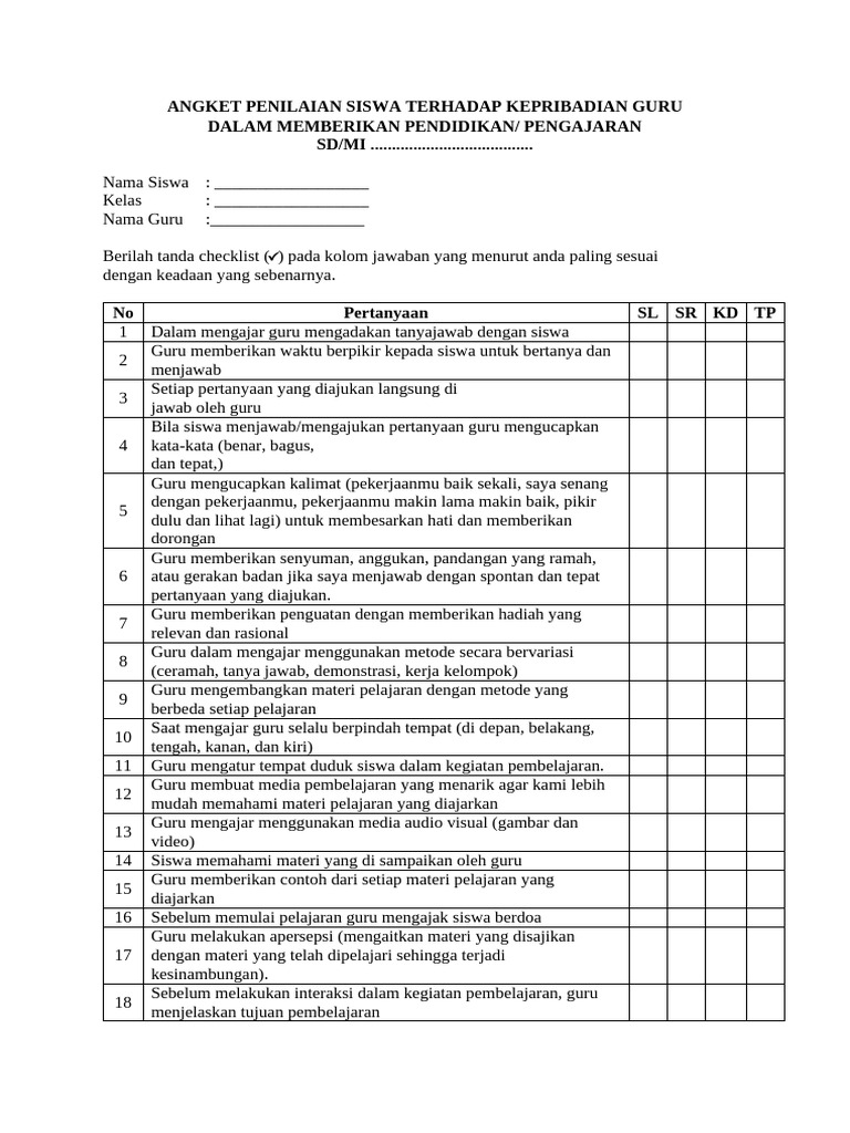 Angket Penilaian Siswa Terhadap Guru | PDF