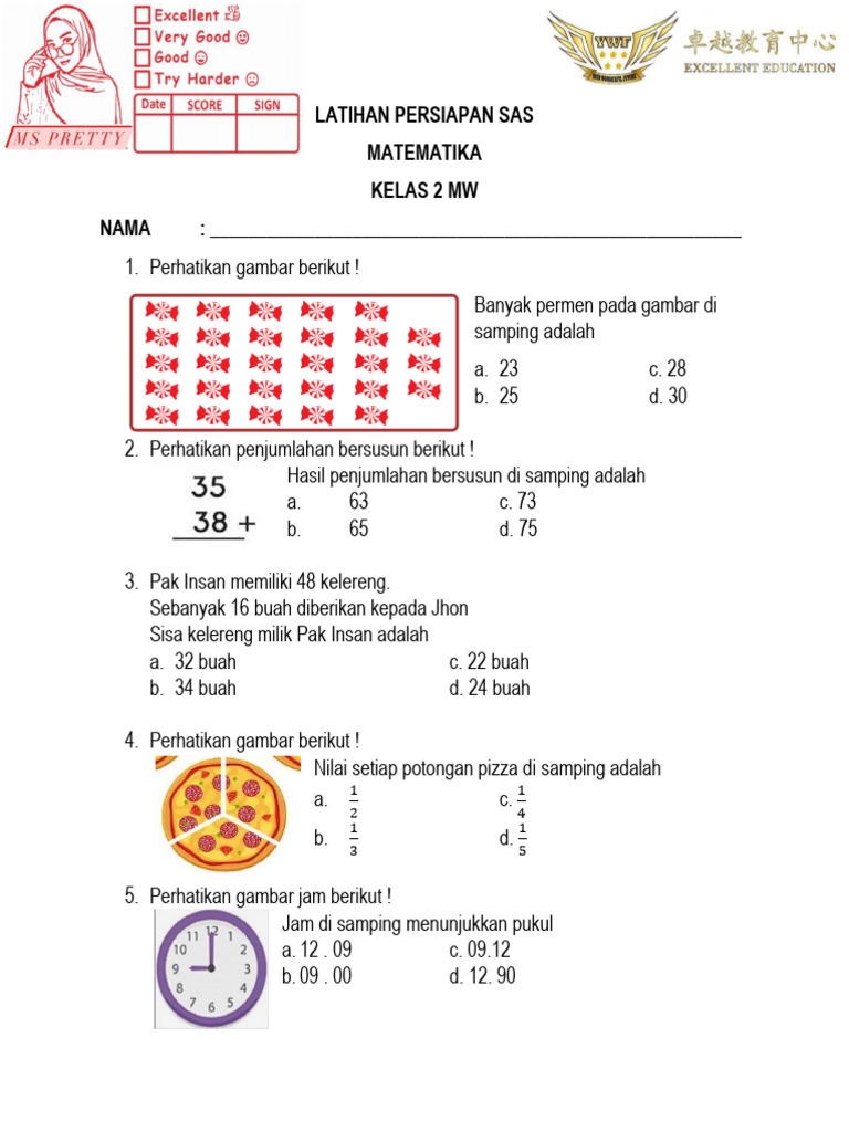 2 Rangkap Latihan Persiapan Sas Matematika Kelas 2 MW | PDF