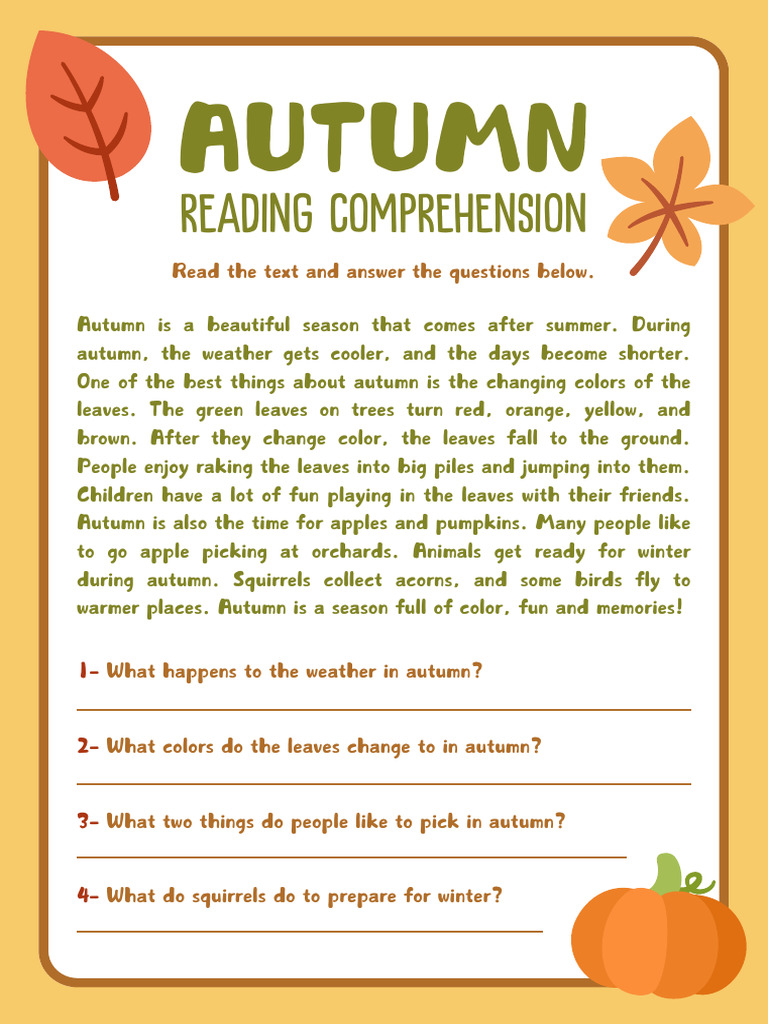 Autumn Reading Comprehension Worksheet in Green Orange Brown Pastel ... Autumn Reading Comprehension Worksheet in Green Orange Brown Pastel ...