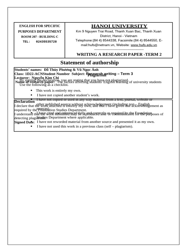 Research Writing Term 2 Cover Page Word | PDF | Plagiarism | Vietnam