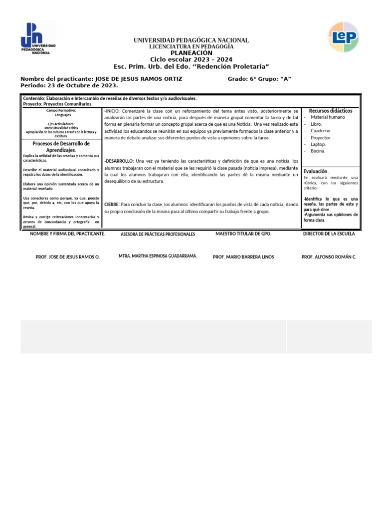 Planeacion 23 Oct | PDF | Evaluación | Cognición