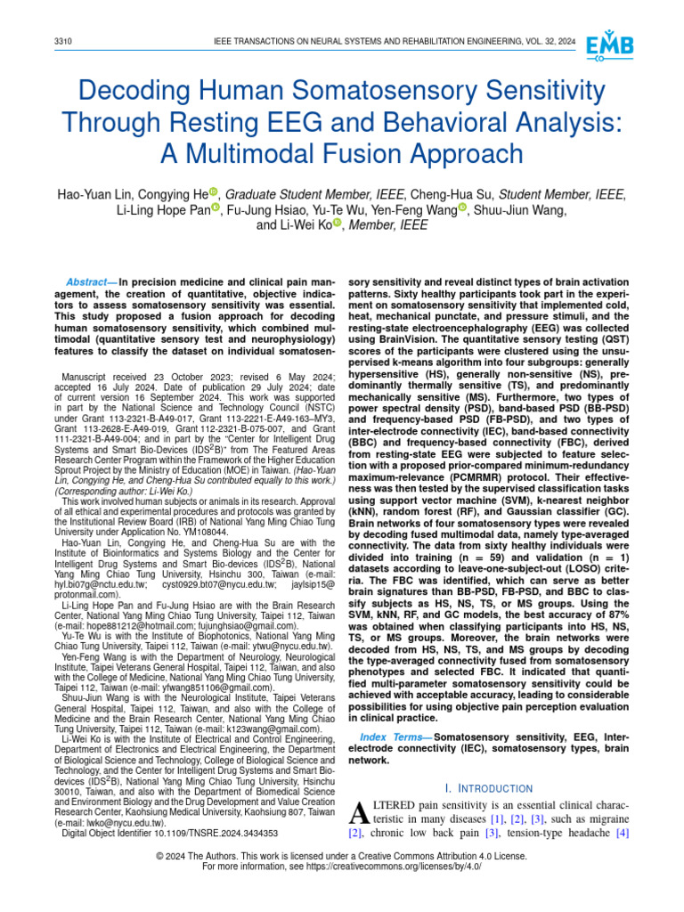 Decoding Human Somatosensory Sensitivity Through Resting EEG and Behavioral Analysis A ...