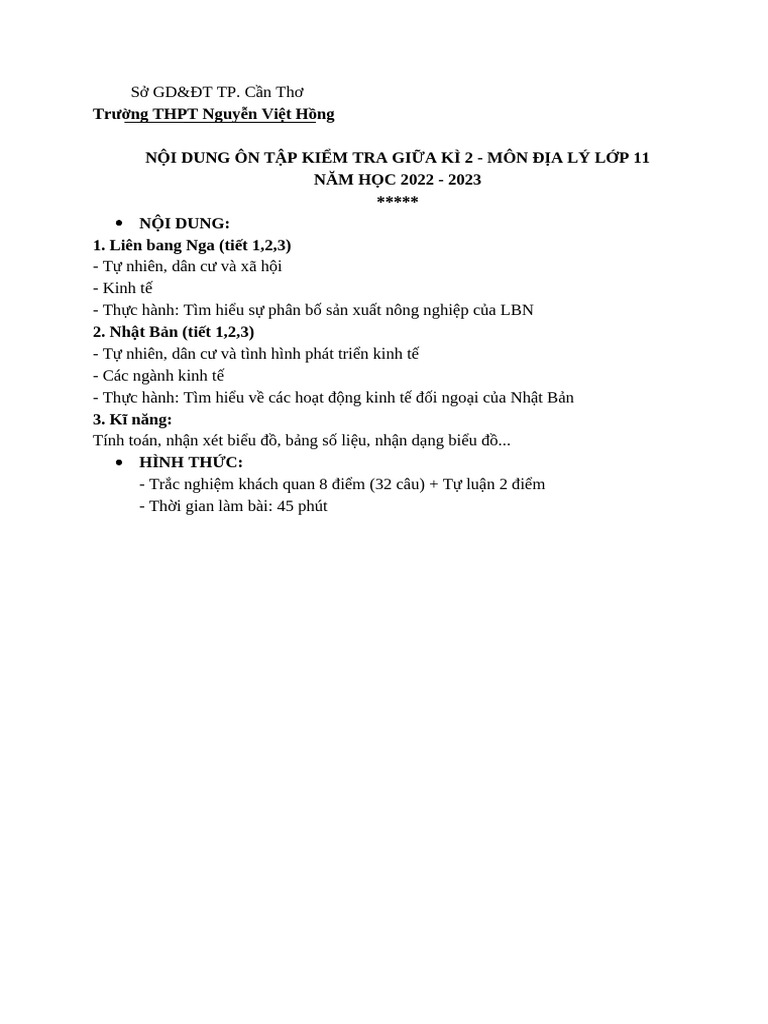 3.2023 Noi Dung On Tap KT gk2 Dia 11 | PDF