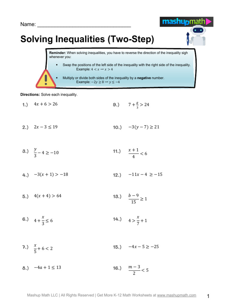 Solving Inequalities (Two-Step) (A) | PDF | Inequality (Mathematics ...