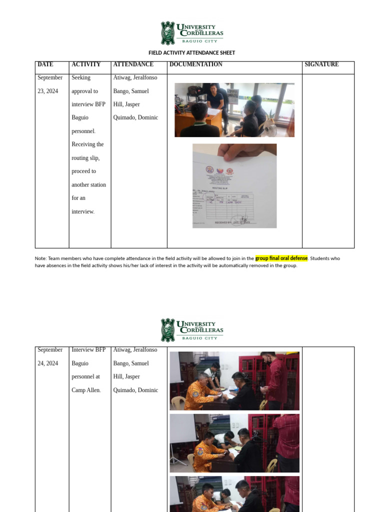 Field Activity Attendance Sheet | PDF
