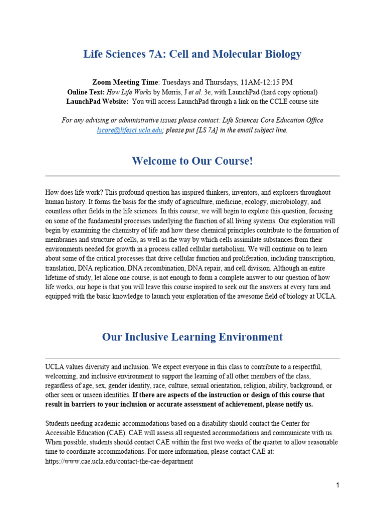 LS 7A Lec 1 Spring 2021 Syllabus V4 (MT2 Content Updated) | PDF | Cell ...