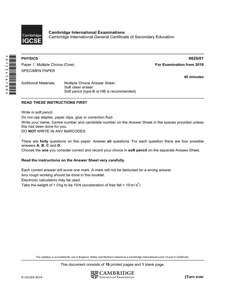 Specimen 2016 QP - Paper 1 CIE Physics IGCSE | PDF | Isotope | Atomic Nucleus