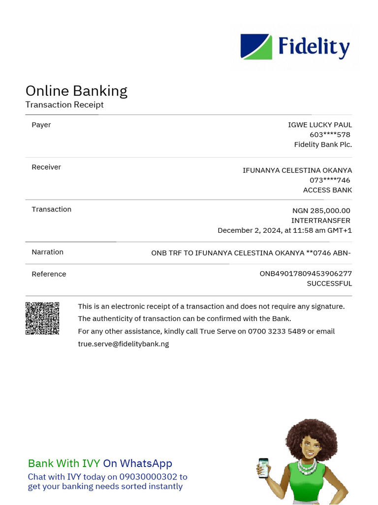 Electronic Receipt for Fidelity Bank Transfer | PDF