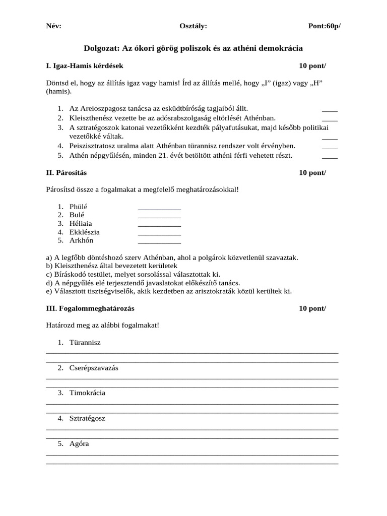 Dolgozat 9.osztály | PDF