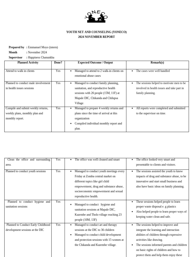 Emmanuel Moyo Monthly Report For November 2024 | PDF | Condom | Human ...