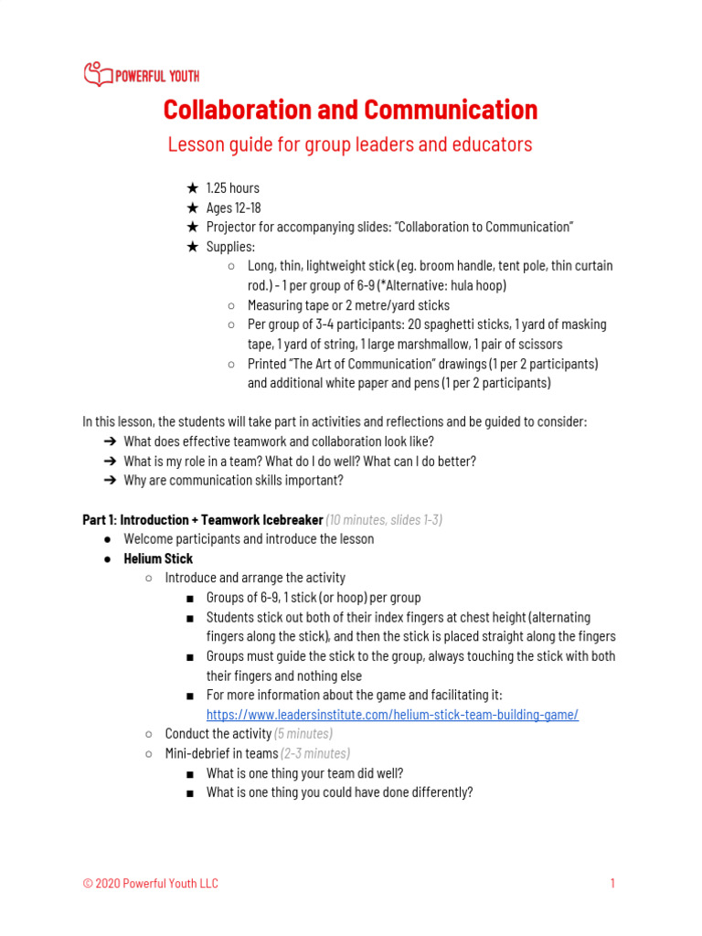 Collaboration and Communication: Lesson Guide For Group Leaders and ...