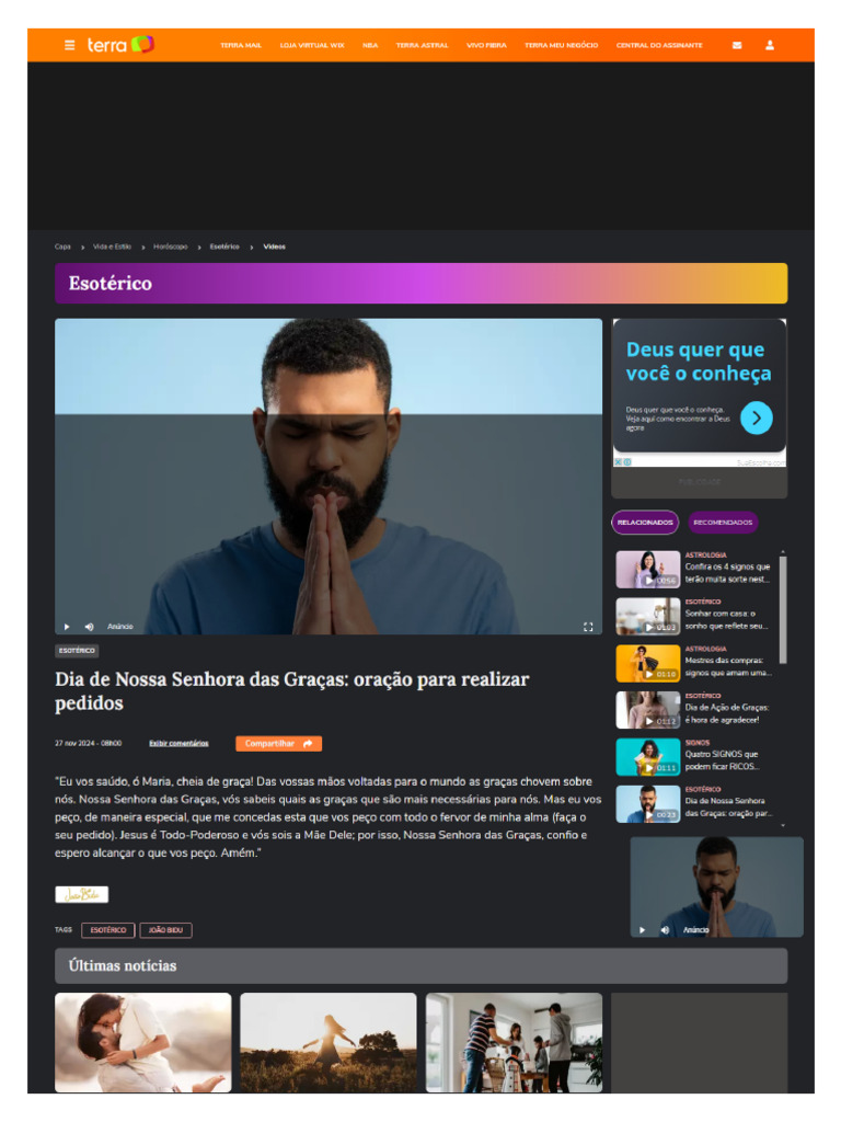 Screencapture Terra BR Vida e Estilo Horoscopo Esoterico Videos Dia de Nossa Senhora Das Gracas ...