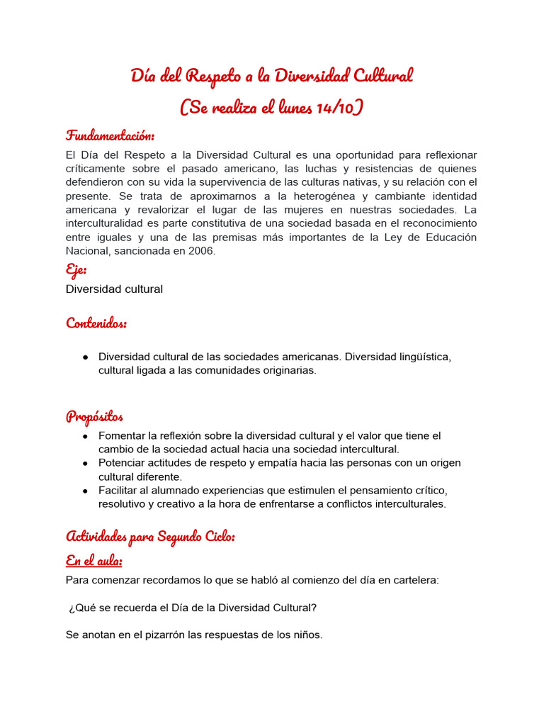 2° CICLO. ESI. Día Del Respeto A La Diversidad Cultural . | PDF | Constitución