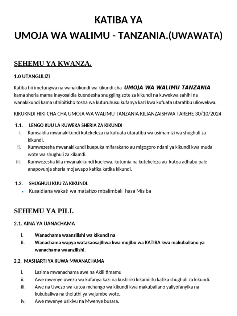 KATIBA YA UMOJA WA WALIMU-TANZANIA ( UWAWATA )-2 | PDF