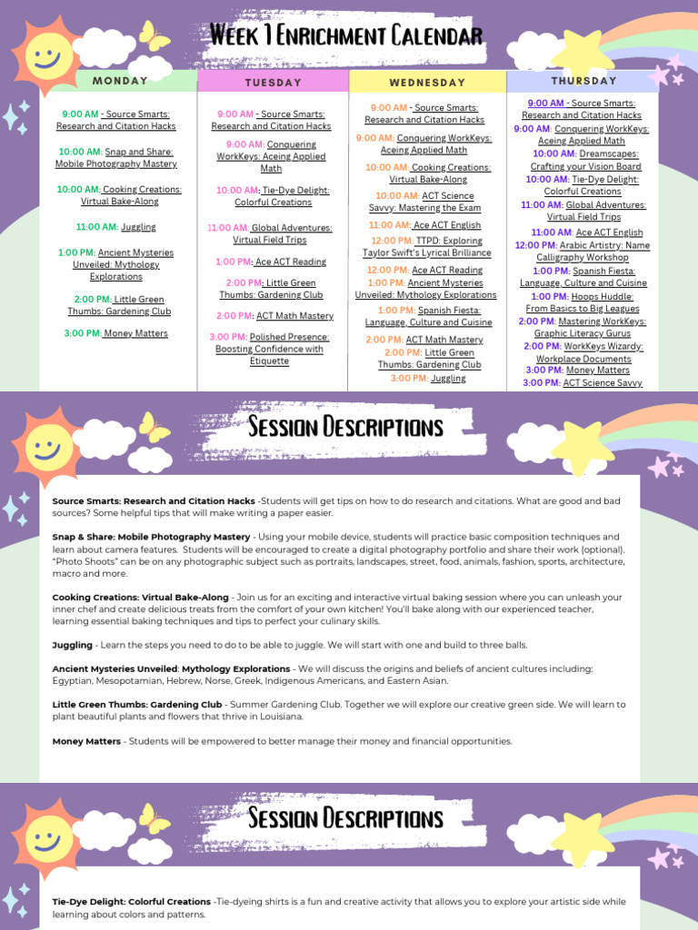 Week 1 HS Summer Enrichment Calendar | PDF