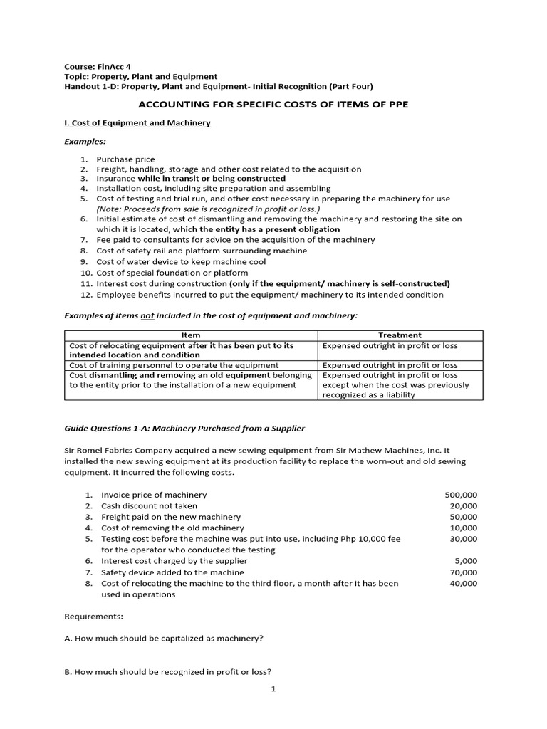 FinAcc4 - Handout 1D -PPE Initial Recognition (Part D) | PDF | Cost | Mortgages