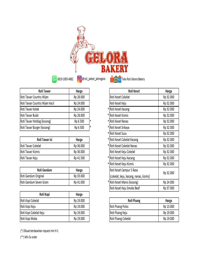 Price List - Toko Roti Gelora Bakery | PDF