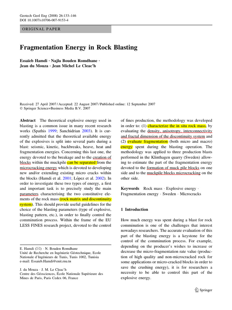 Rock Blasting Fragmentation Energy Analysis | PDF | Fracture | Limestone