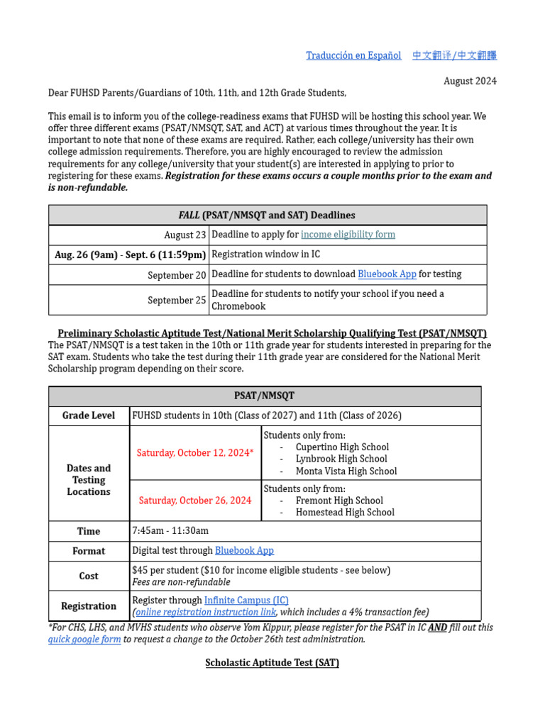 24-25 PSAT_SAT Letter to Families | PDF