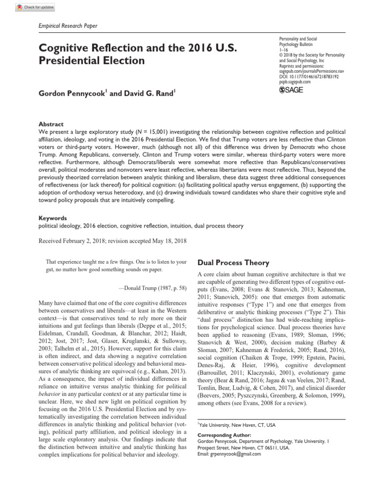 Cognitive Reflection and The 2016 U.S. Presidential Election (Pennycook ...